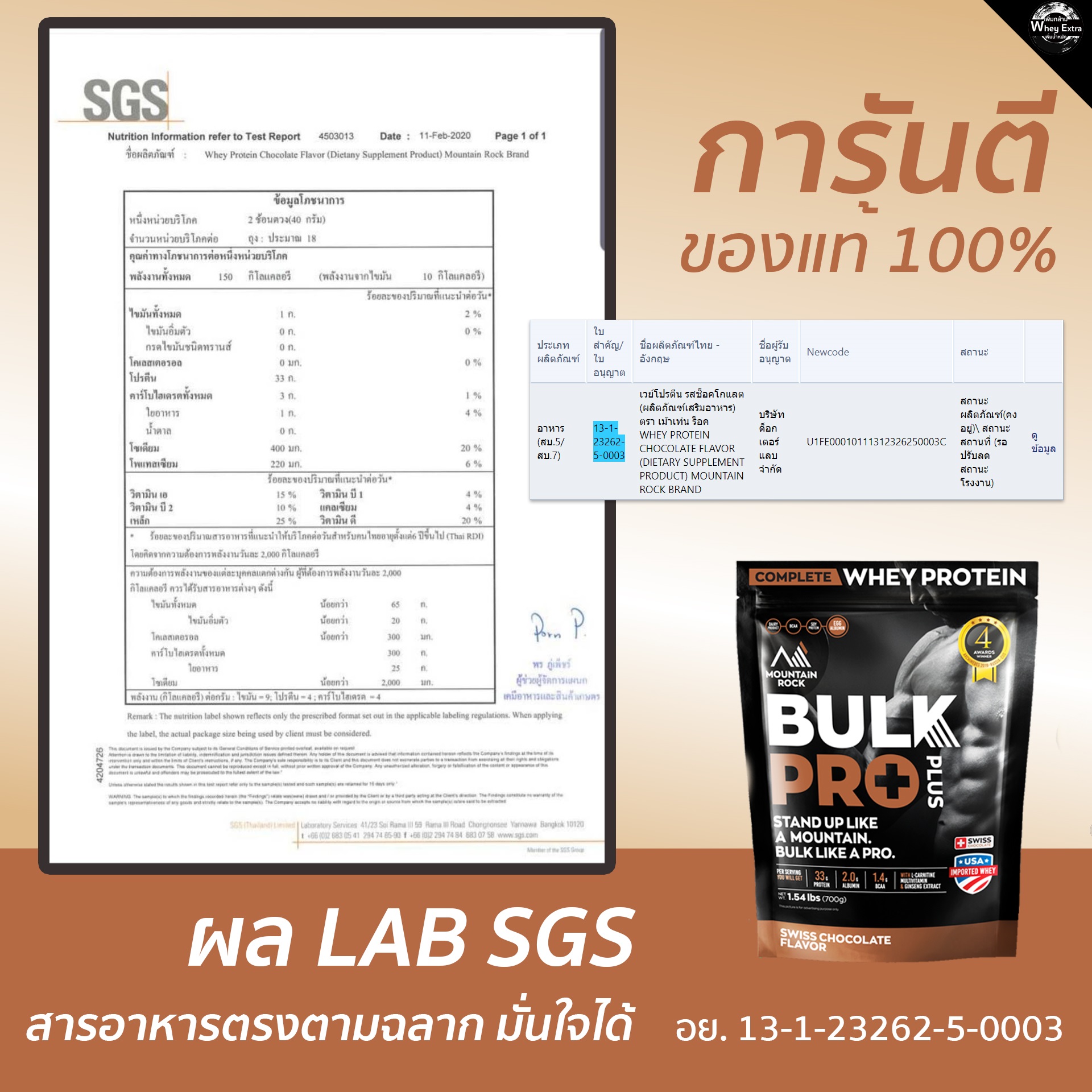 ผลตรวจแลบ เลขที่ อย. - wheyextra