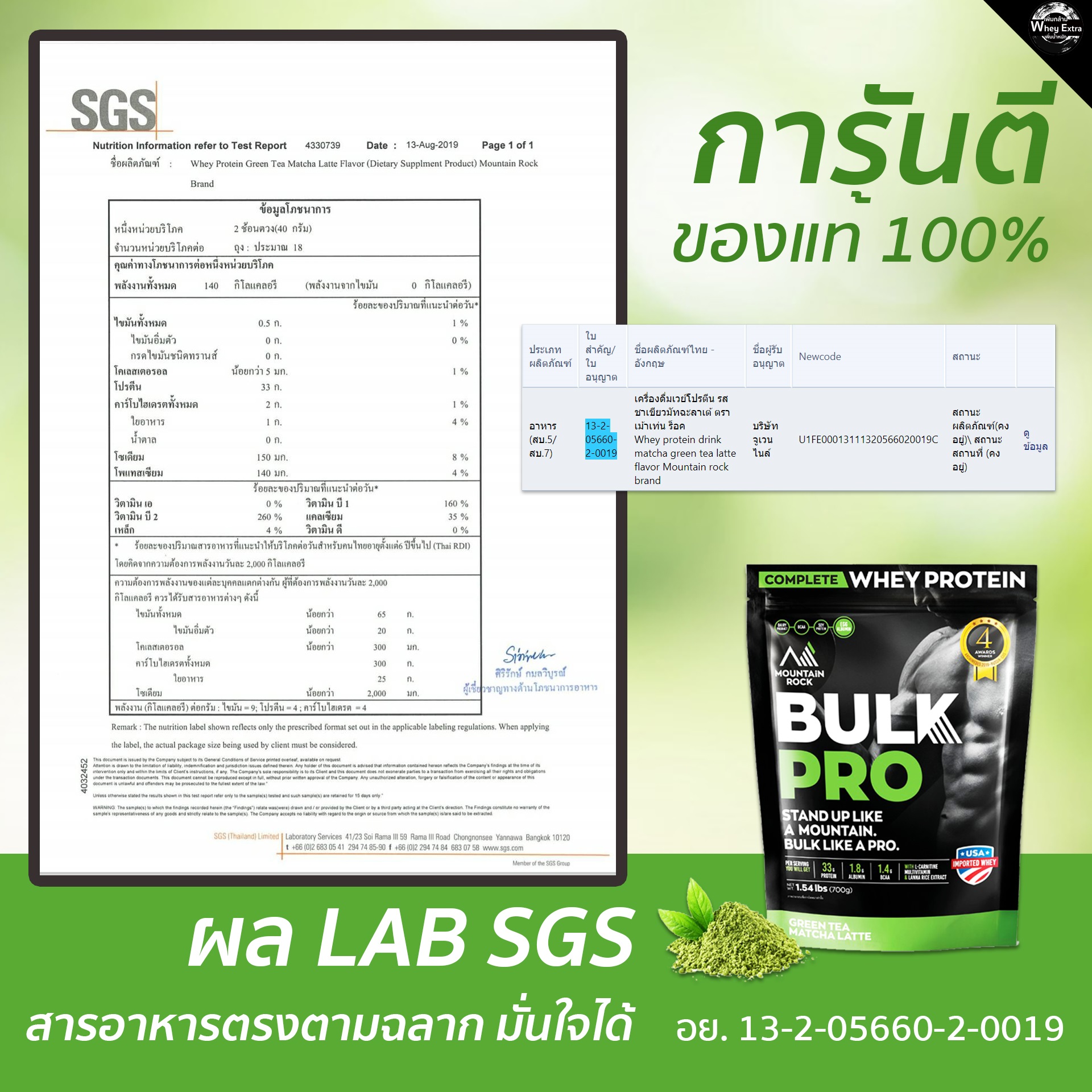 ผลตรวจแลบ เลขที่ อย. - wheyextra