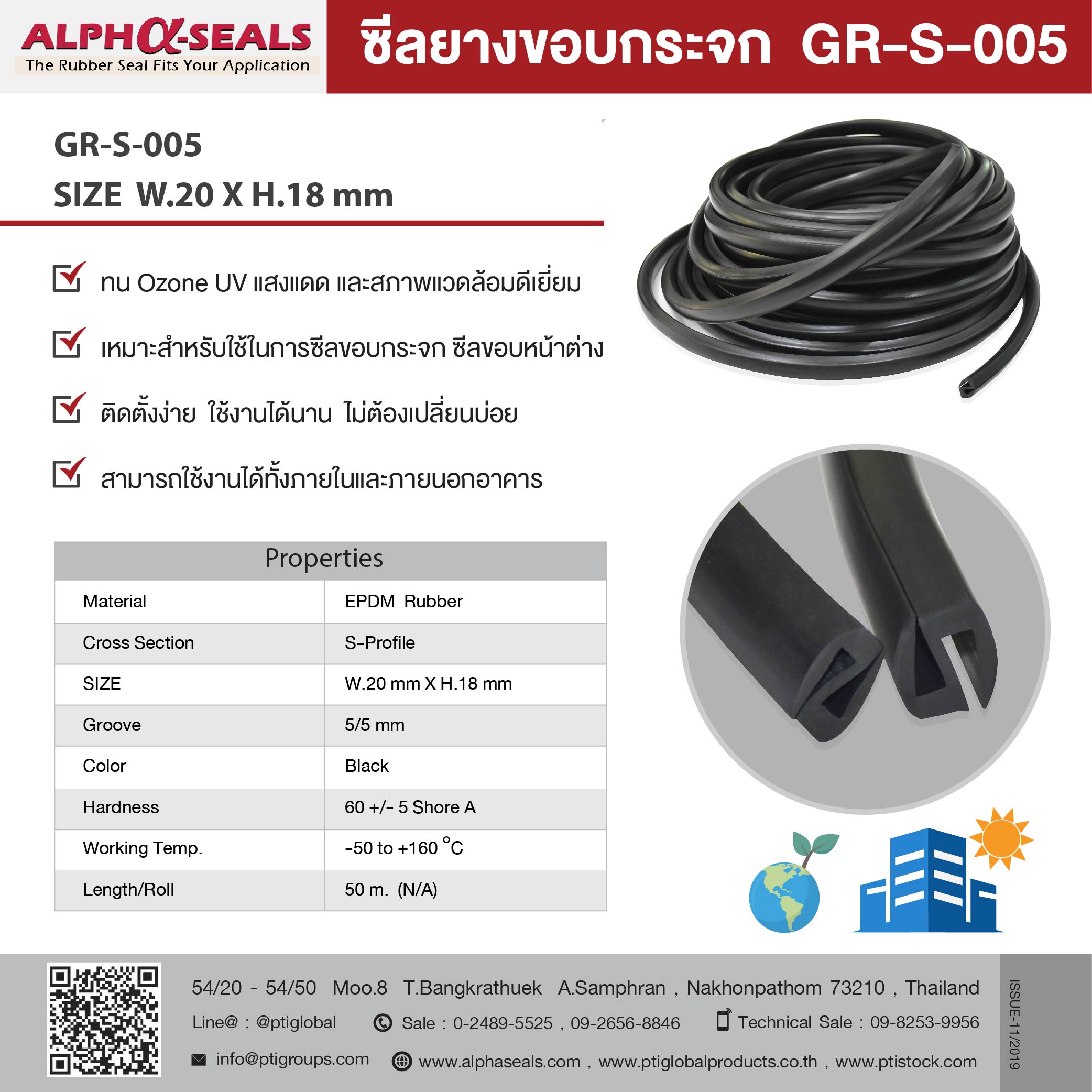 ซีลยางขอบกระจก S-Shaped GR-S-005 SIZE : 18x20 mm ร่อง5/5mm Tel ...