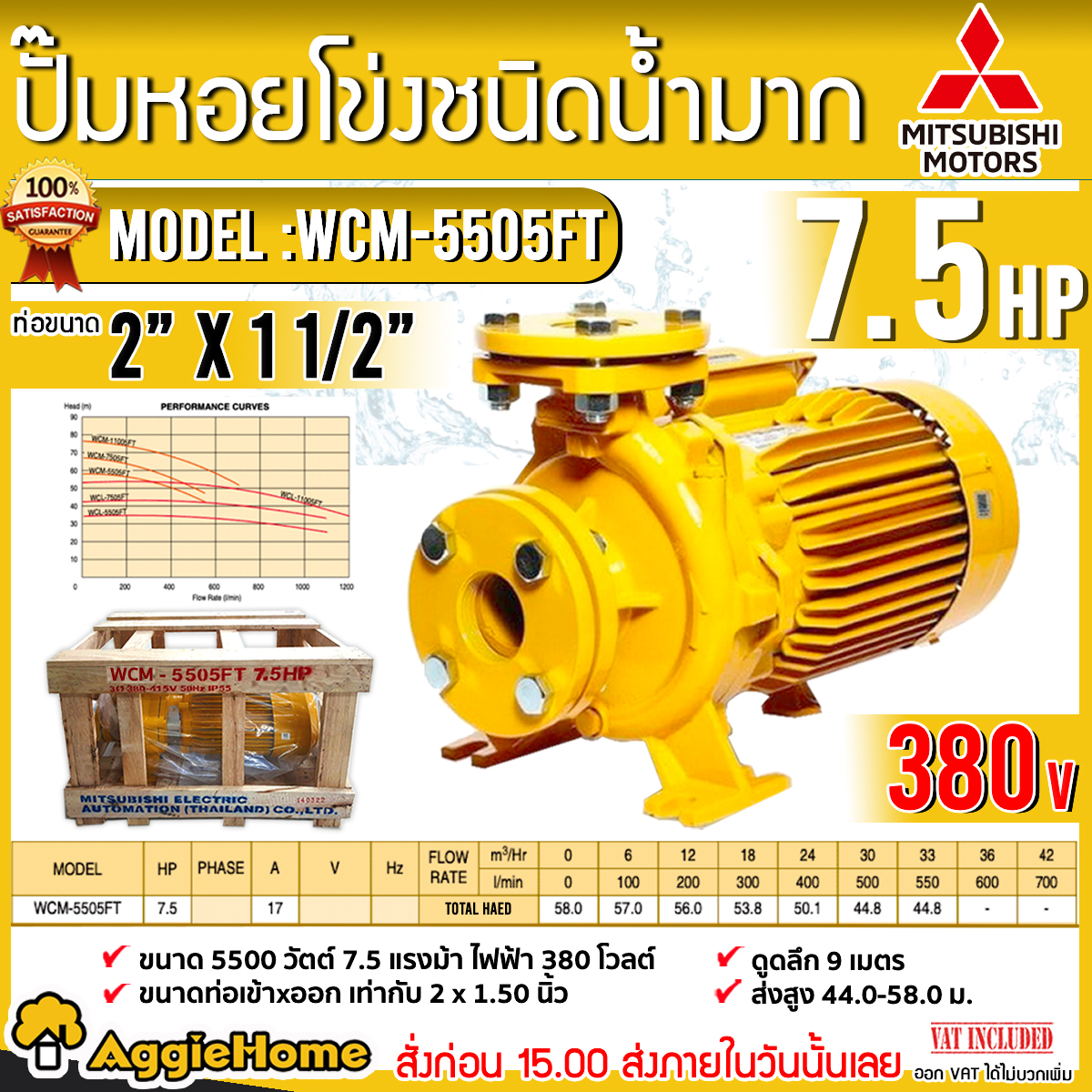 MITSUBISHI ปั๊มไฟฟ้า รุ่น WCM-5505FT 7.5แรงม้า 380V ท่อออก 2 1/2"X1 1/2" หน้าแปลน TOTAL HEAD 34. ...