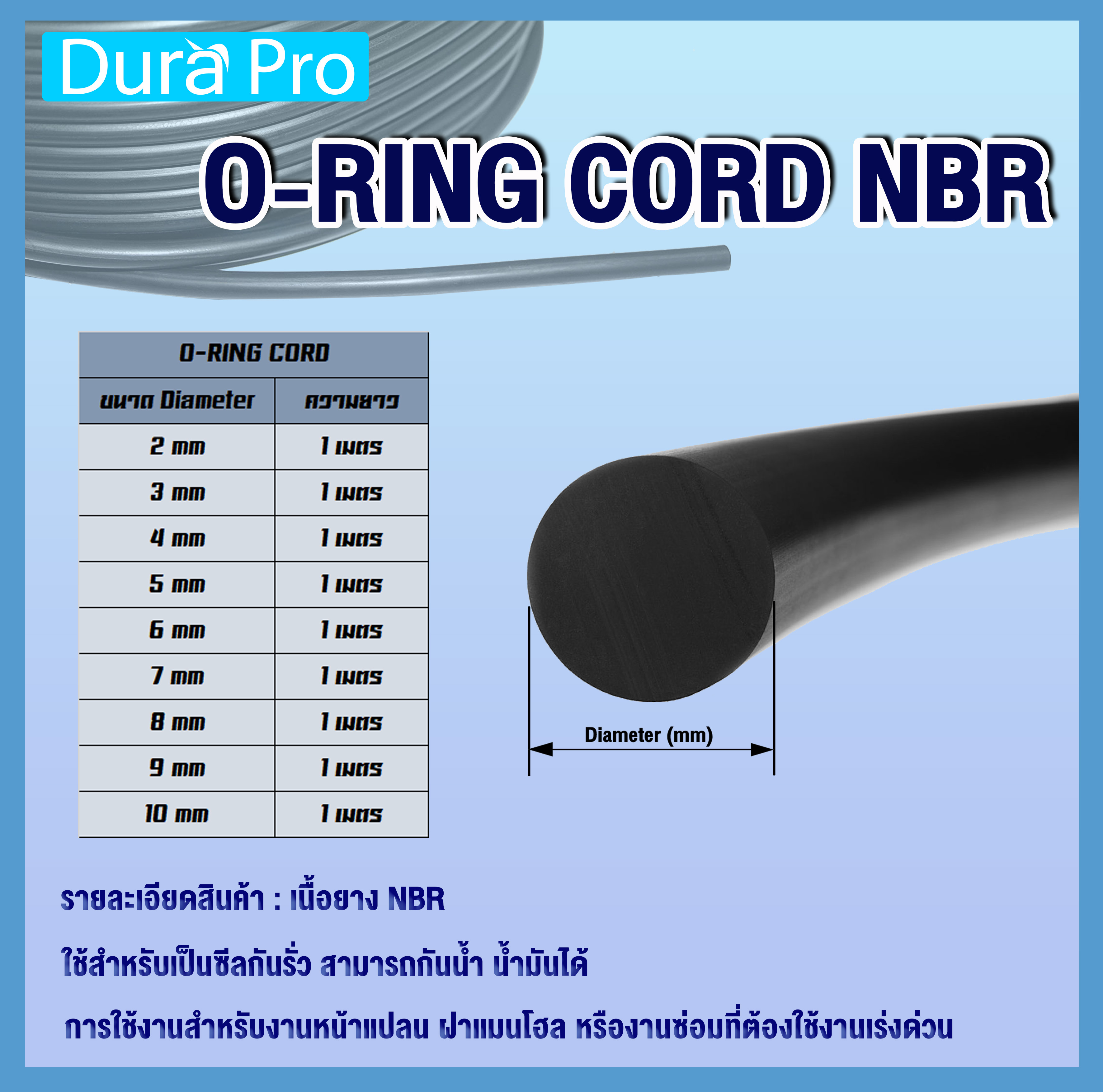โอริงเส้น โอริงคอร์ด O-RING CORD NBR ขนาด 8 mm - duraprothai