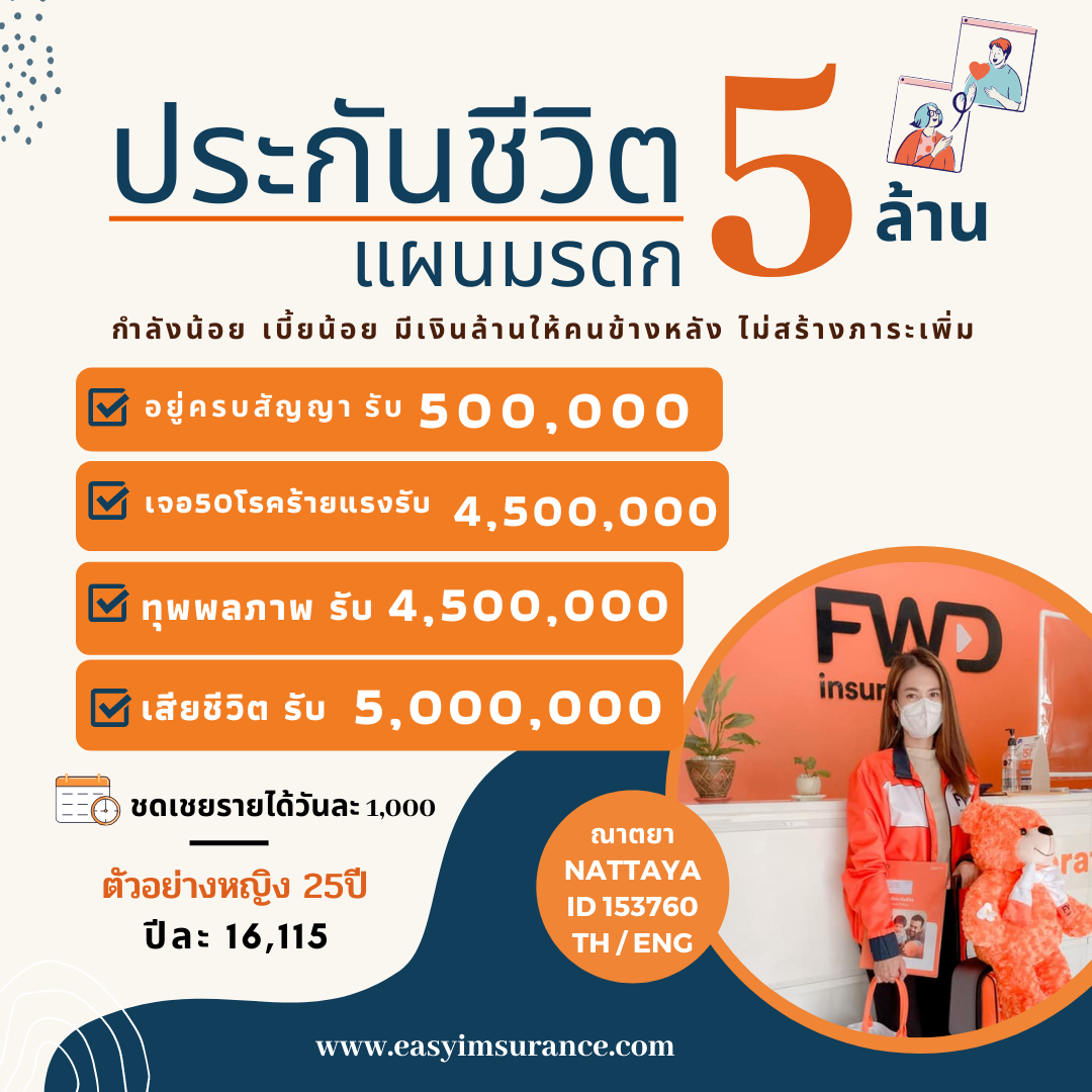 ประกันชีวิต fwd แผนมรดก 5ล้าน จ่ายเงินก้อน ตาย โรคร้าย พิการ - easyimsurance