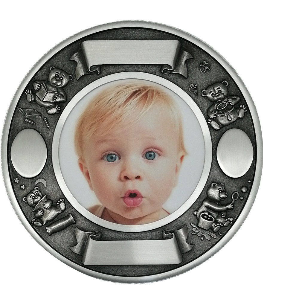Pewter Teddies Birth Record and Photo Frame Round - pewtersmiths