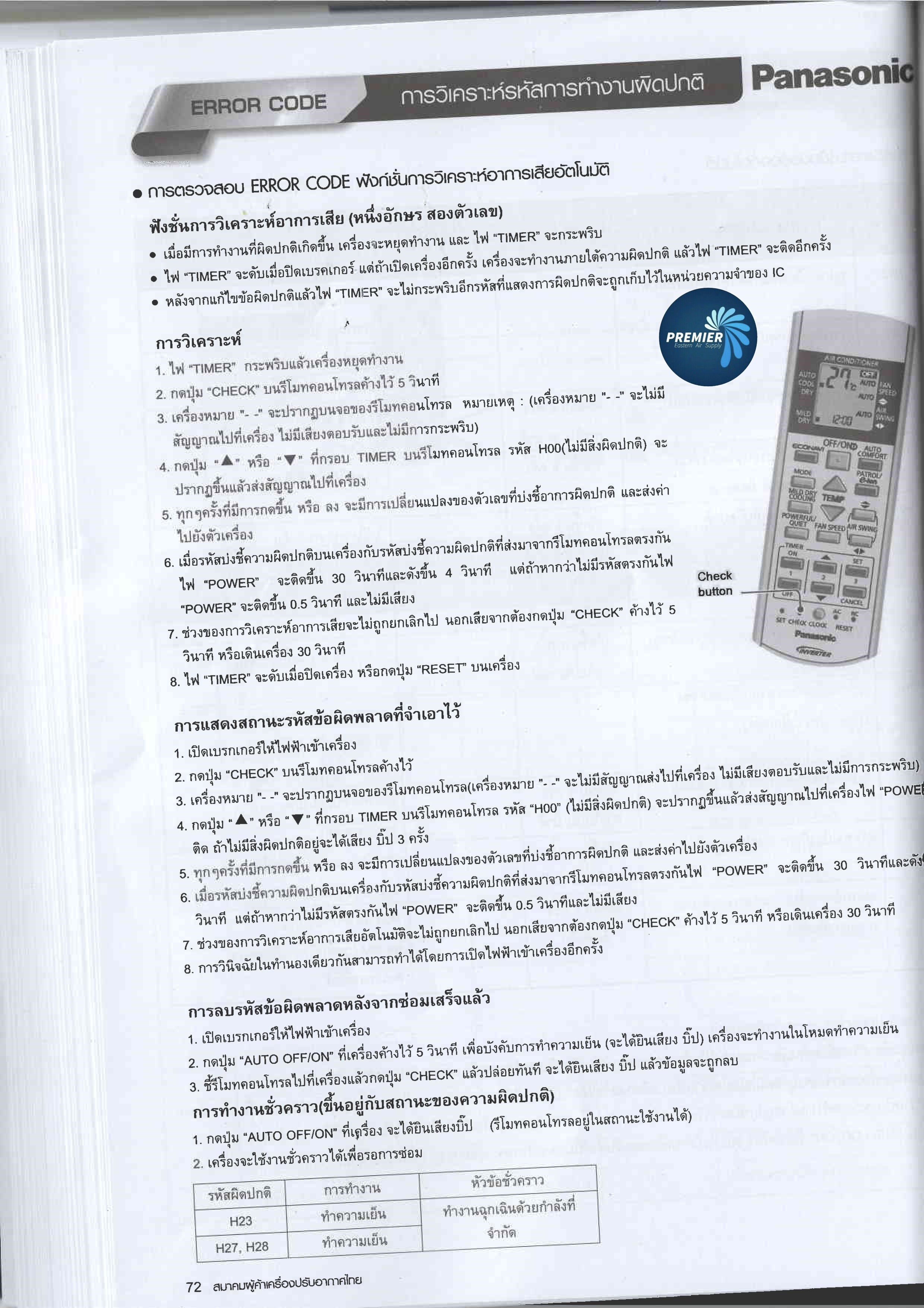PANASONIC ERROR CODE - premiereasternair