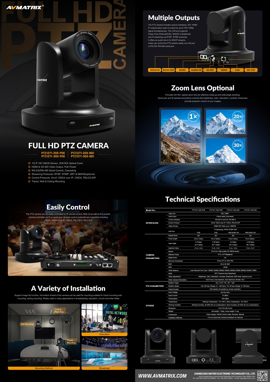 PTZ1271-30X-NDI | AVMATRIX PTZ1271 Full HD PTZ Camera NDI & PoE ...