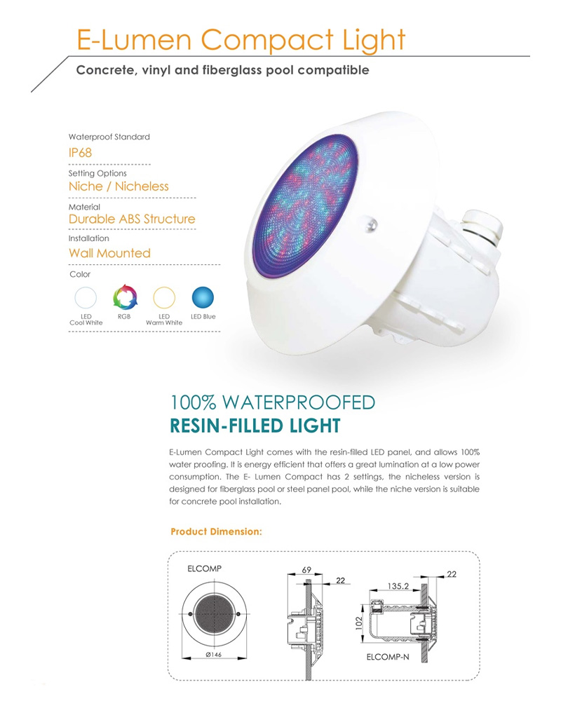ไฟ ELCOMP-WW 10W/12V แสงWarm White สำหรับสระไวนิล (เฉพาะโคม)
