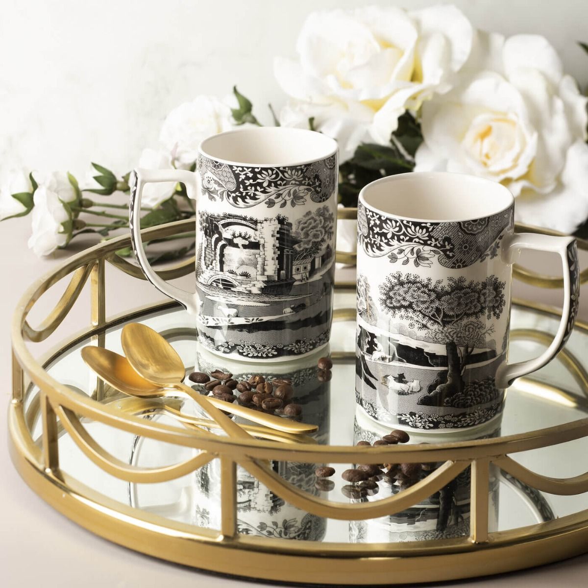 Spode Black Italian Mugs with Spoons Set of 2 - blueandwhitethailand