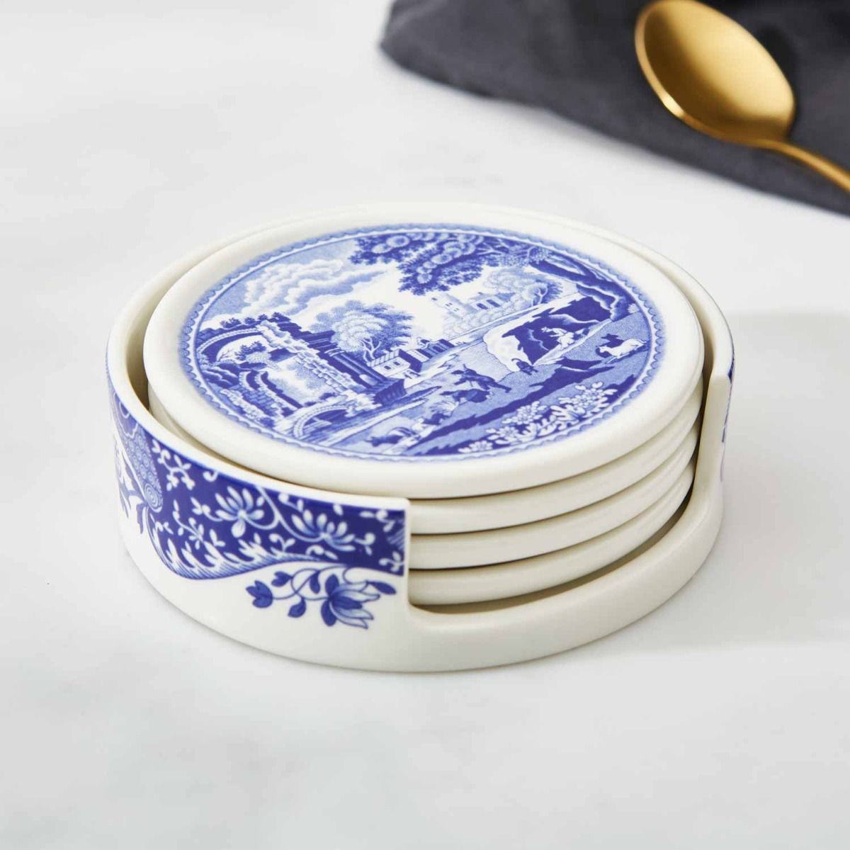 Spode Blue Italian Ceramic Coasters with Holder - blueandwhitethailand