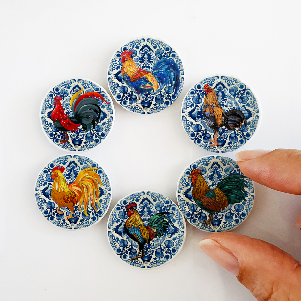 Miniature Rooster-Themed Blue & White Plates – Dollhouse Set ...
