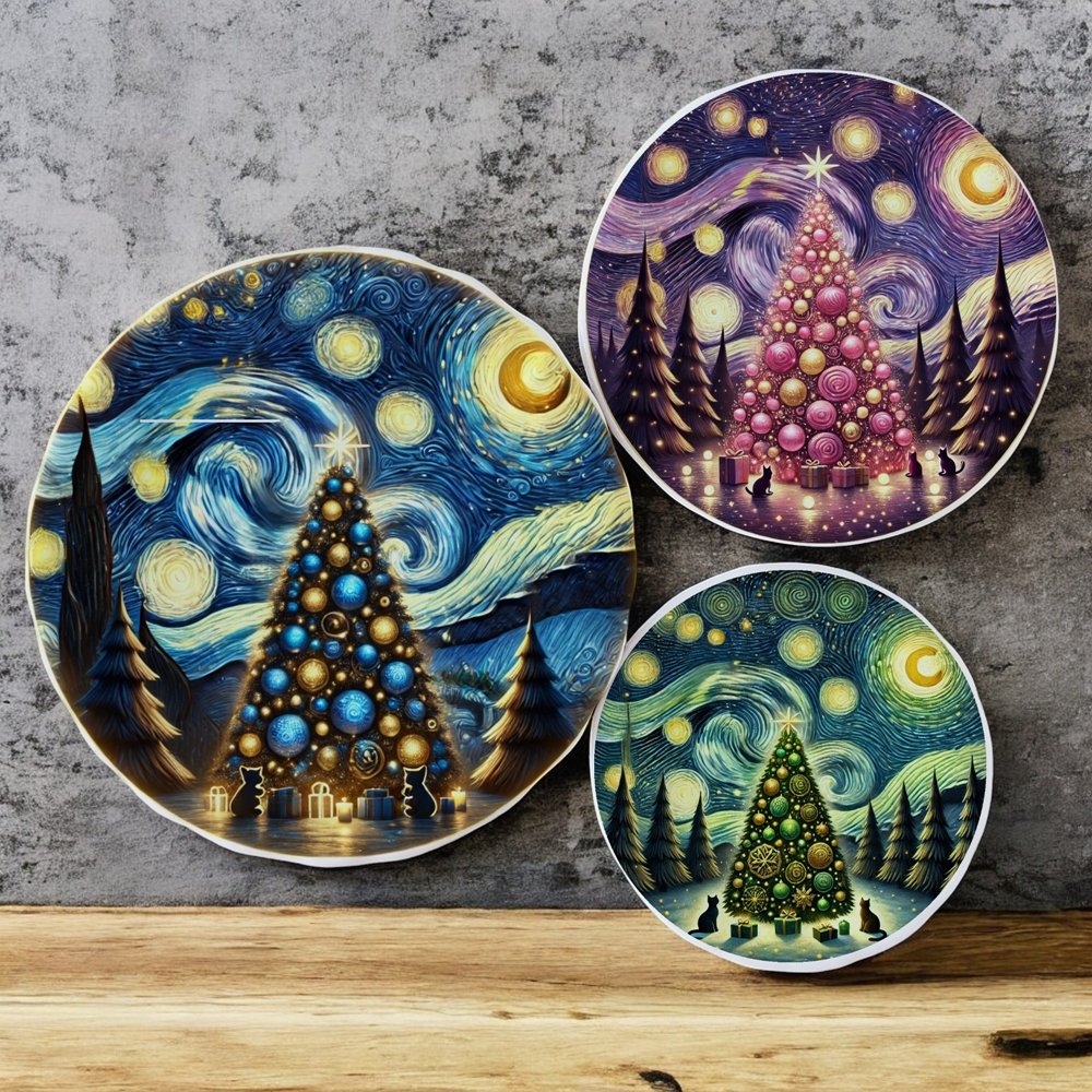Van Gogh-Inspired Christmas Tree Miniature Plates Set
