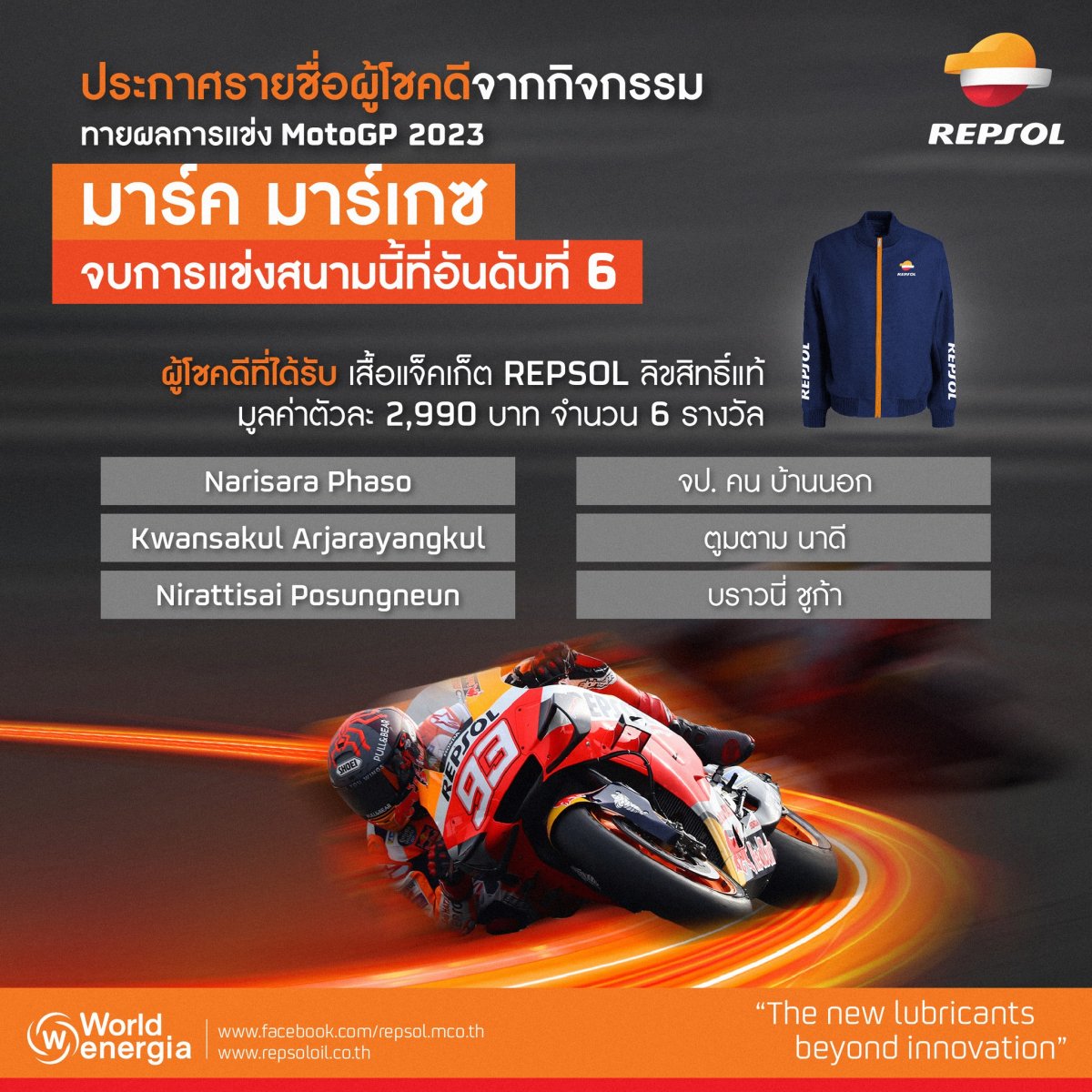 ประกาศรายชื่อผู้โชคดีจากกิจกรรม ทายผลการแข่งขัน MotoGP 2023 - repsolthai