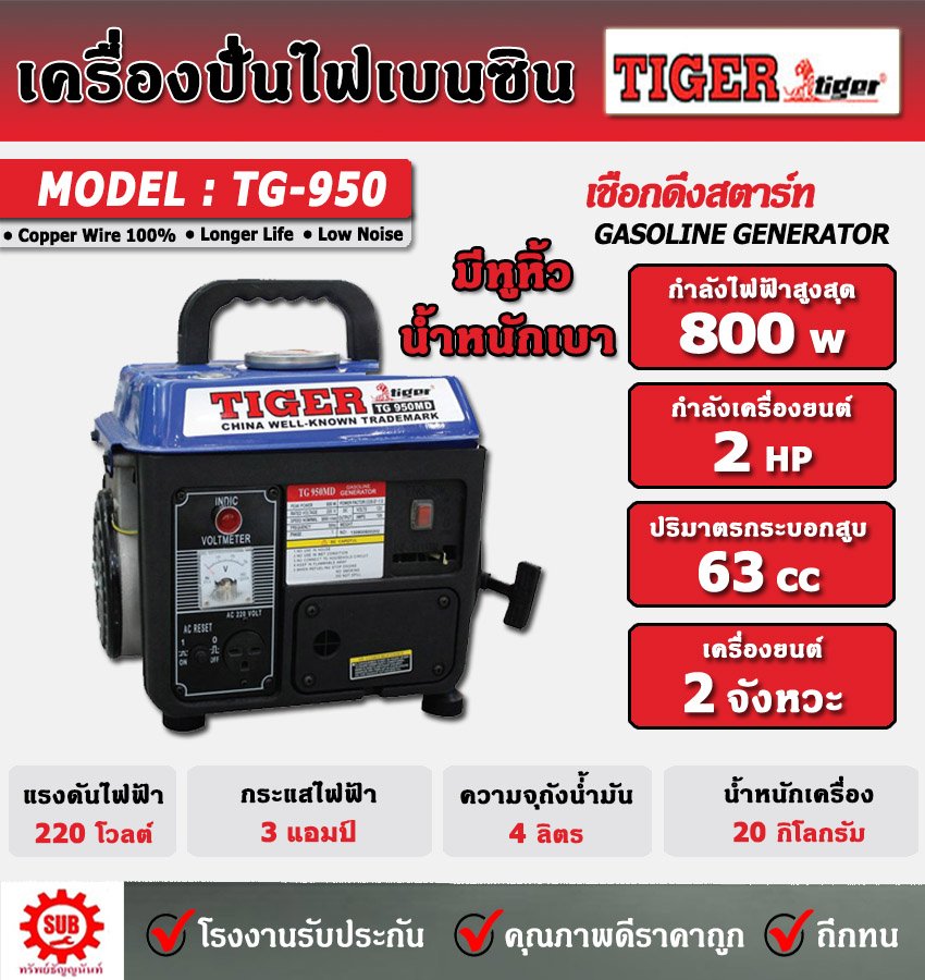 TIGER เครื่องปั่นไฟฟ้าเบนซิน TG-950 หูหิ้ว (800W)
