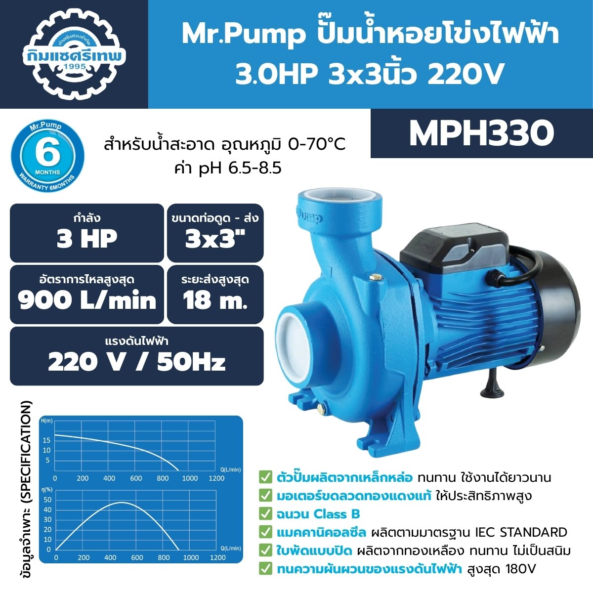 Mr.Pump ปั๊มน้ำหอยโข่งไฟฟ้า 3.0HP 3x3นิ้ว 220V MPH330