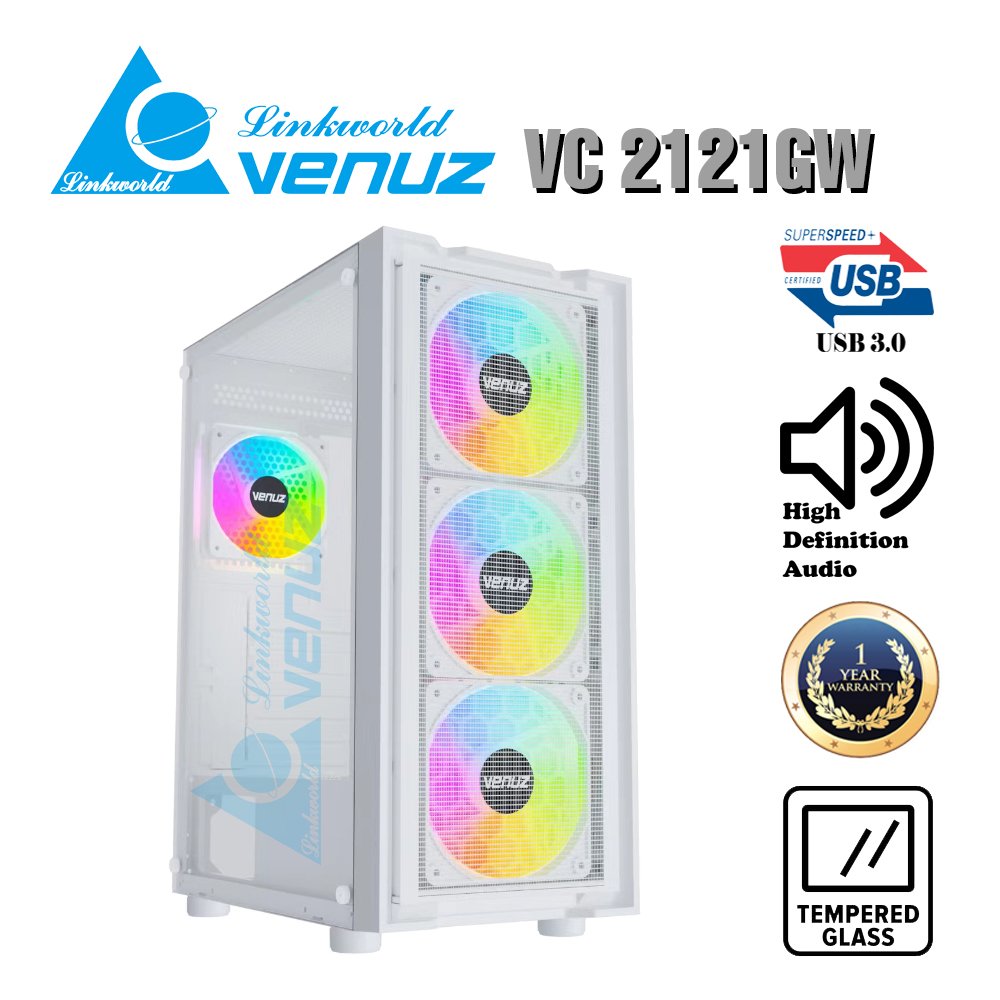 VENUZ ATX Tempered Glass Computer Case VC 2121GW with Rainbow RGB Fan x ...