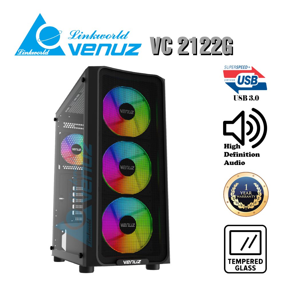 VENUZ ATX Tempered Glass Computer Case VC 2122G with Rainbow RGB Fan x ...
