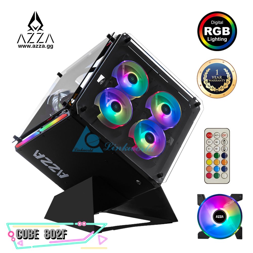 AZZA Innovative Tempered Glass ARGB CUBE 802F with RF Remote – Black