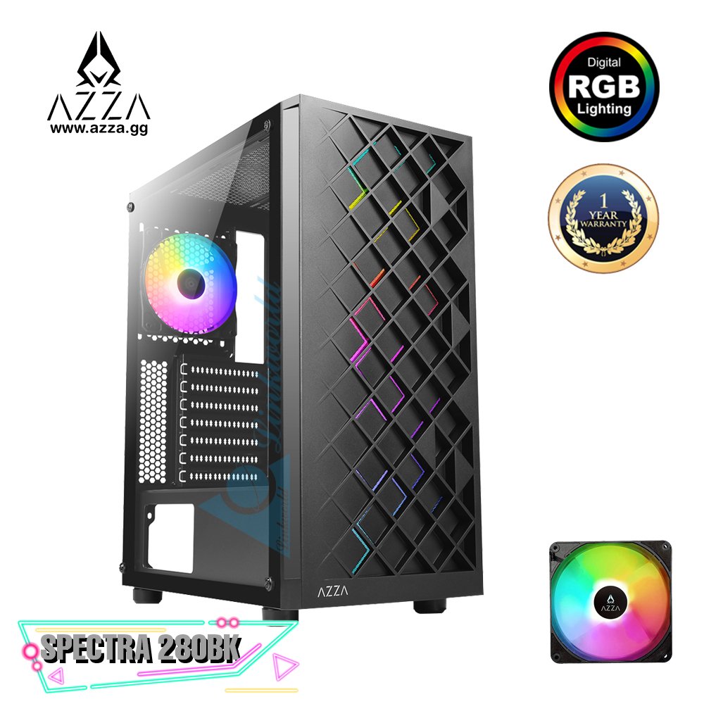 AZZA ATX Mid Tower Tempered Glass ARGB Gaming Case SPECTRA 280B - Black with 12cm ARGB Fan x 4 ...
