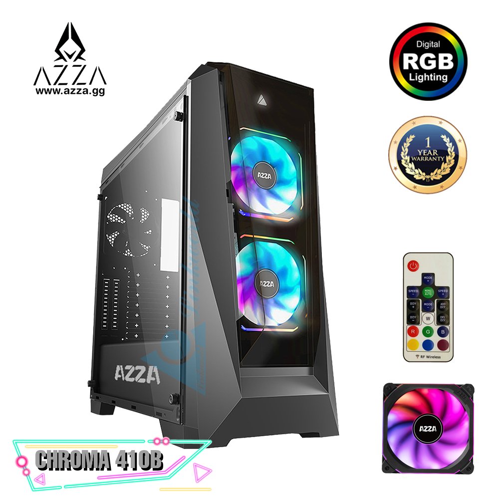 AZZA ATX Mid Tower Tempered Glass ARGB Gaming Case CHROMA 410B with RF Remote – Black
