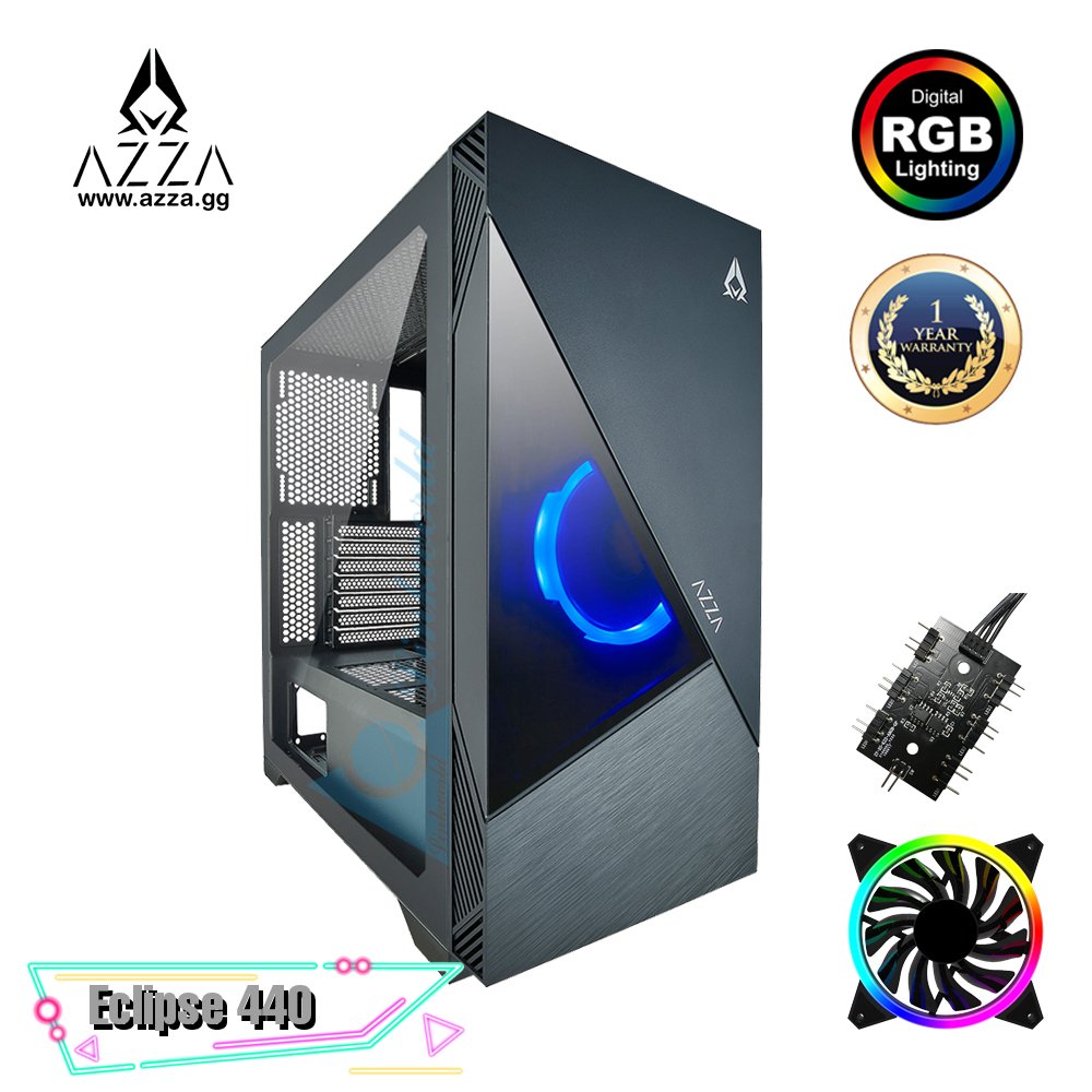 AZZA ATX Mid Tower Tempered Glass ARGB Gaming Case ECLIPSE 440 with 12cm ARGB Fan x 1 & ARGB ...