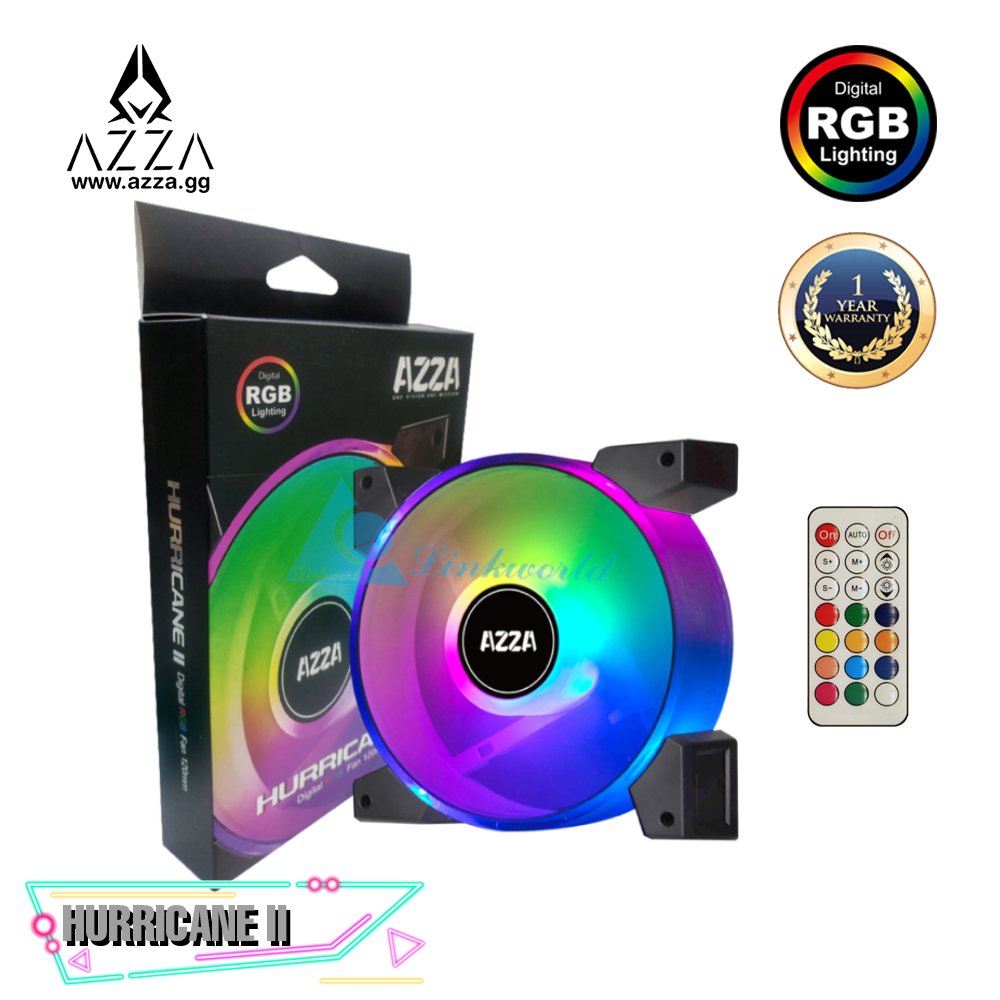 AZZA Dual Ring ARGB 120mm PWM PC Case Fan HURRICANE II with RF Remote ...