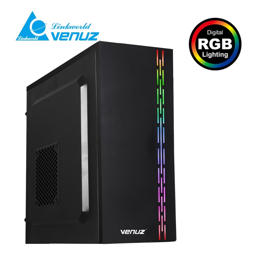 VENUZ ATX Computer Case VC 1918 with RGB LED Strip – Black