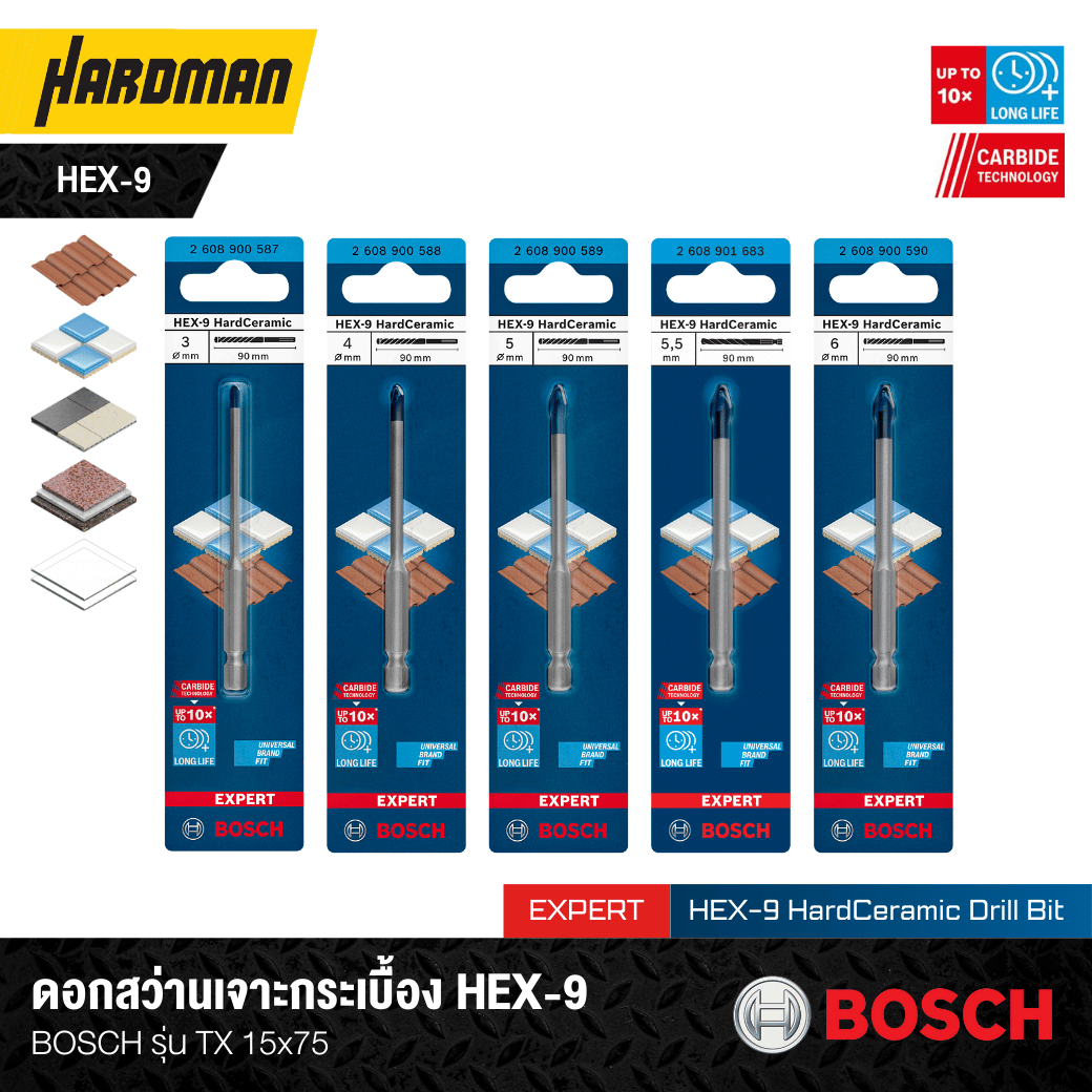 ดอกเจาะกระเบื้อง/กระจก BOSCH HEX-9 HardCeramic