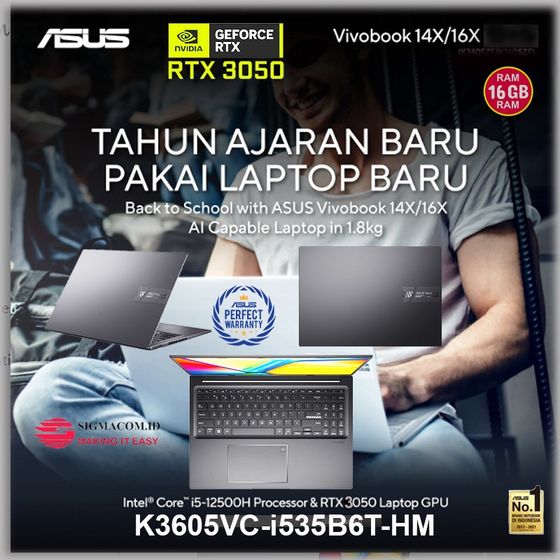 Asus Vivobook 16X K3605VC-I535B6T-HM [i5-13420H|RTX 3050|RAM 8GB|SSD 512GB|Win11|OHS24+365]