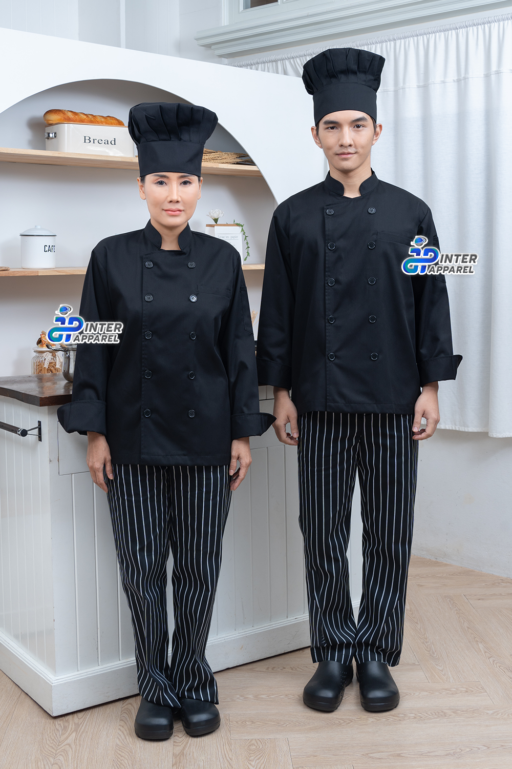Classic Mandarin Chef Jacket – Long Sleeve, Solid Black, 10 Buttons