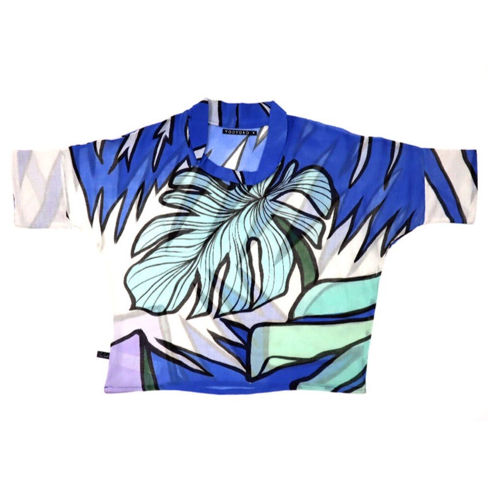 Blue Turtle Neck Blouse : Blue and Green Large Leaves