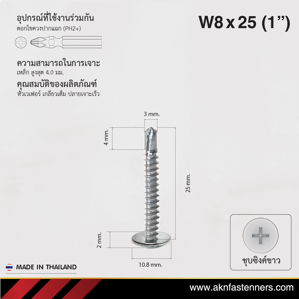 สกรูปลายสว่านหัวเวเฟอร์ W8x25 มม. (1 นิ้ว) ชุบขาว
