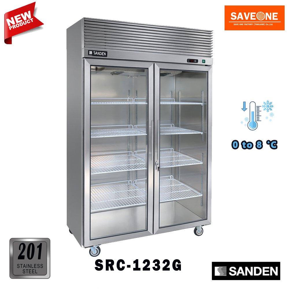 ตู้แช่สแตนเลส ทรงยืน 2 บานกระจก แช่เย็น ยี่ห้อ Sanden รุ่น SRC-1232G (1,030 ลิตร)