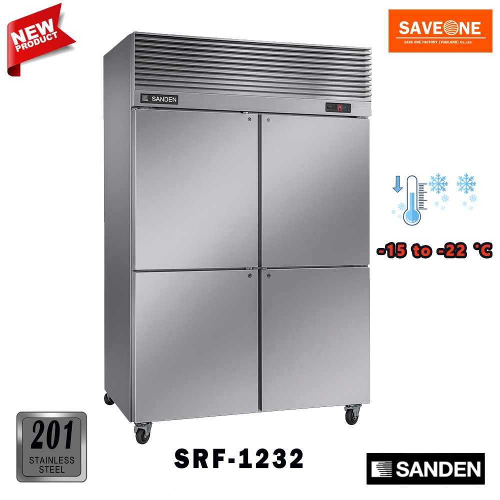 ตู้แช่สแตนเลส ทรงยืน 4 ประตูทึบ แบบ﻿แช่แข็ง ยี่ห้อ Sanden รุ่น SRF-1232 (1,030 ลิตร)
