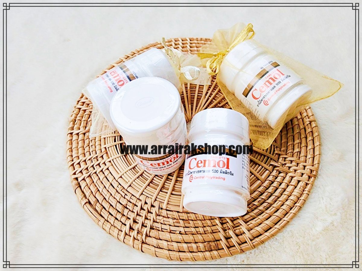 พาราเซตามอล cemol ขนาด 50 เม็ด มีแพ็คเกจใส่ถุงผ้าไหมแก้วเป็นของชำร่วยงานศพ