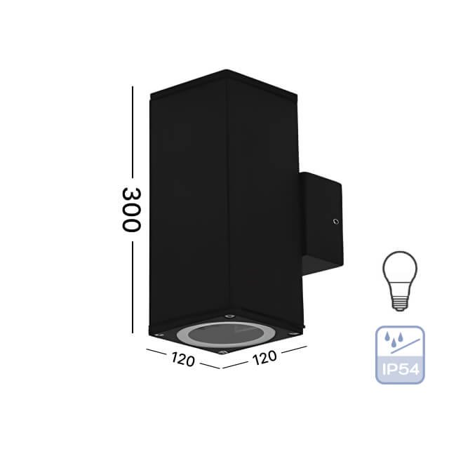 DNER โคมไฟติดผนัง ภายนอก ขั้ว E27 X2 ทรงเหลี่ยม กันน้ำ IP54 สีดำ