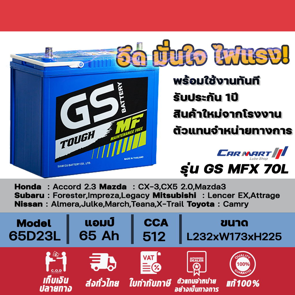 แท้ 100% แบตเตอรี่รถยนต์ GS BATTERY MFX-70L-65แอมป์ [รถเก๋ง] 35 Ah-75 Ah พร้อมใช้