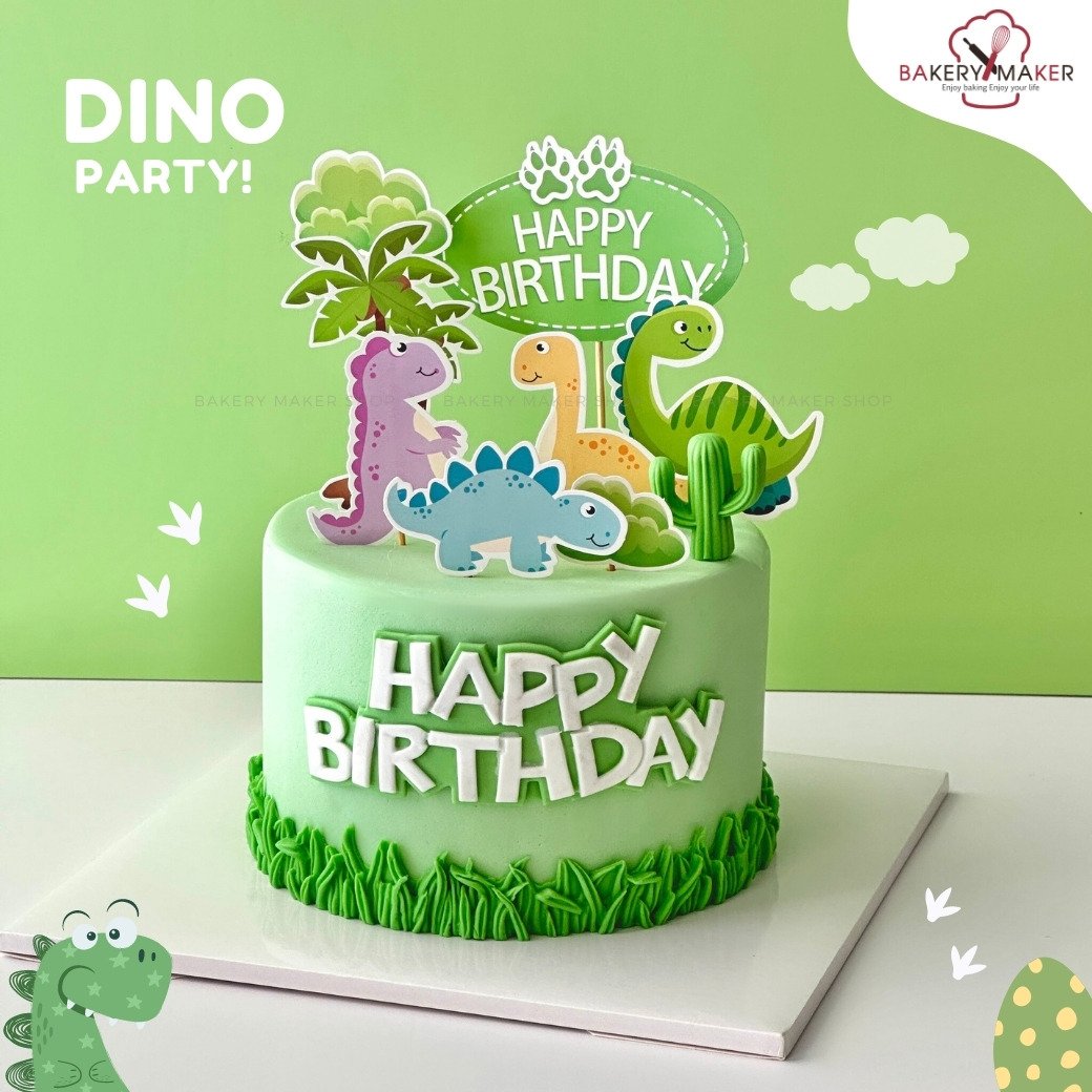เซ็ตป้ายกระดาษ ตกแต่งเค้ก Dino HBD (ไดโนเสาร์)