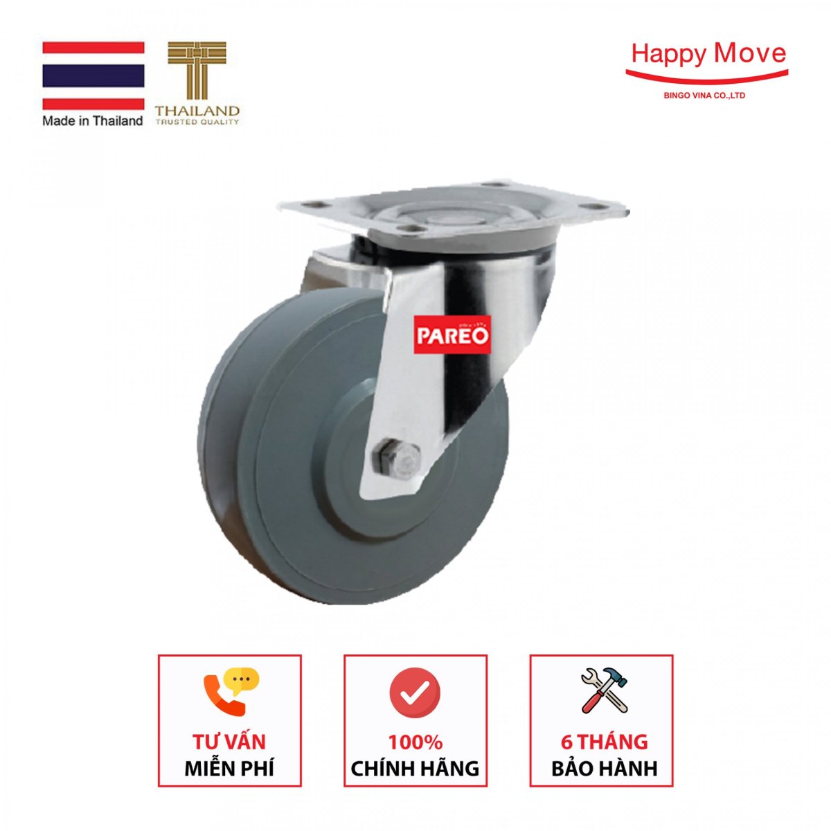 Bánh xe PU càng inox xoay, Bánh xe càng inox 304 - Pareo