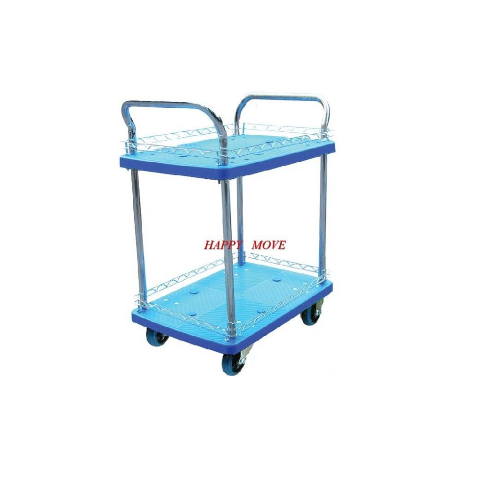 Xe đẩy hàng sàn nhựa 2 tầng 150kg,300kg, xe đẩy 2 tầng, xe đẩy sàn nhựa - Happy Move