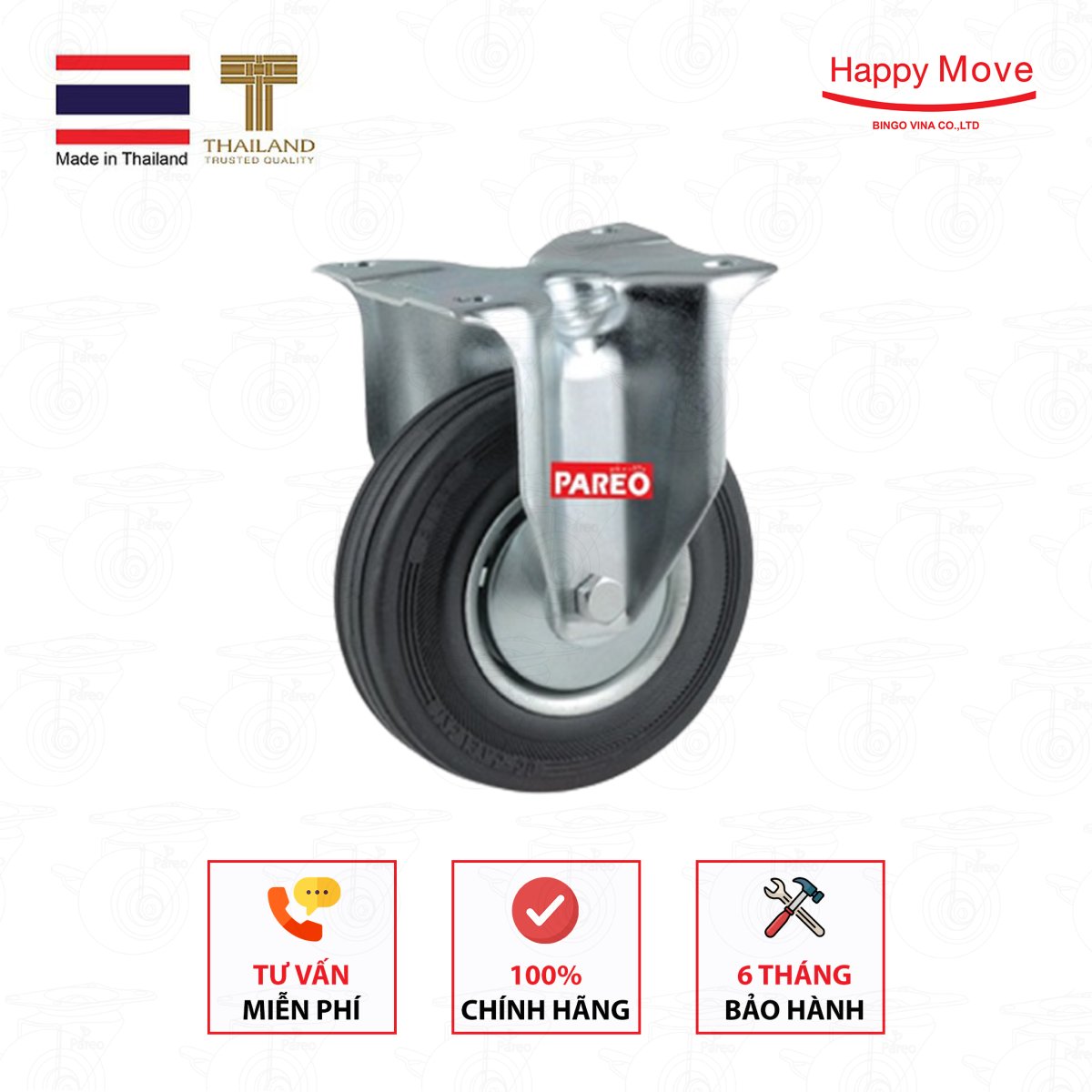 Bánh xe cao su đen càng thép cố định, bánh xe đẩy hàng, phụ tùng xe đẩy - Pareo - happymoveonline