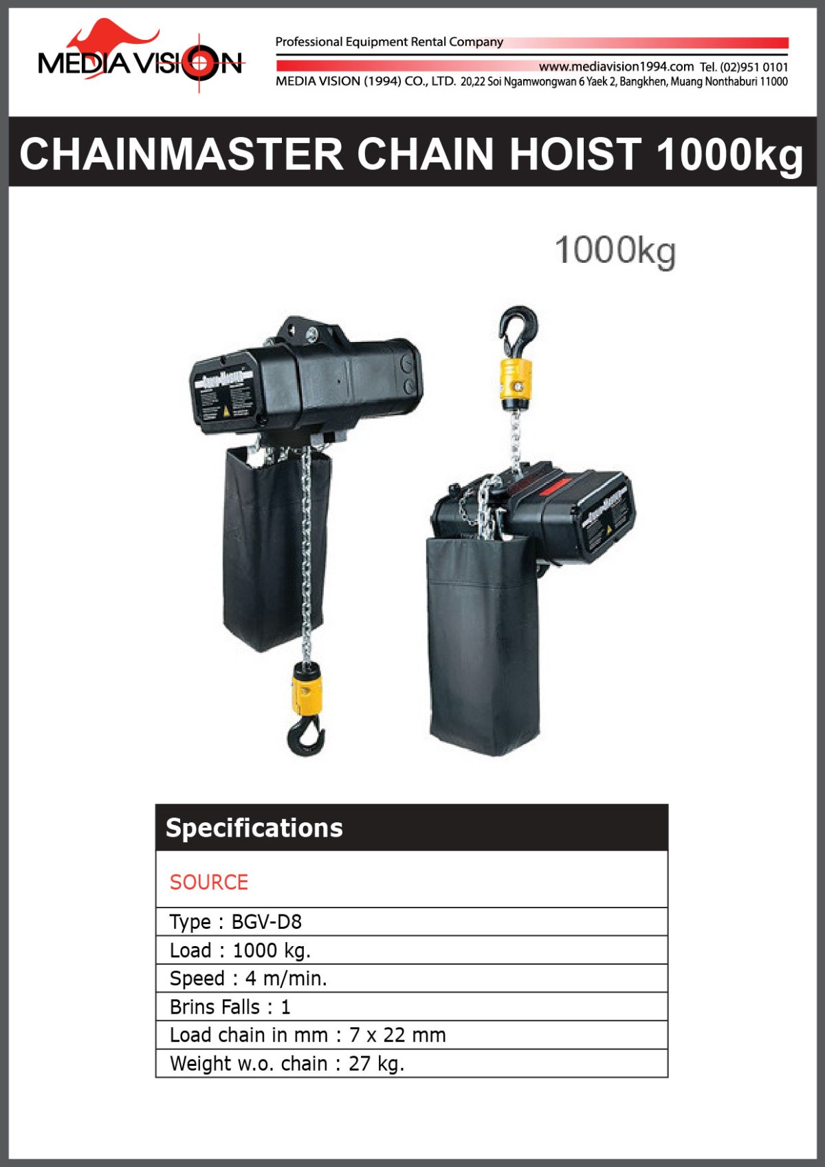 CHAINMASTER CHAIN HOIST 1000KG - mediavision1994