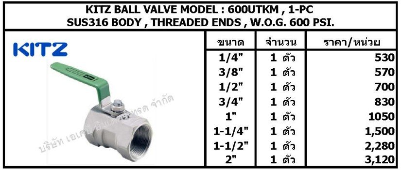 KITZ BALL VALVE MODEL : 600UTKM , 1-PC **มีสินค้า