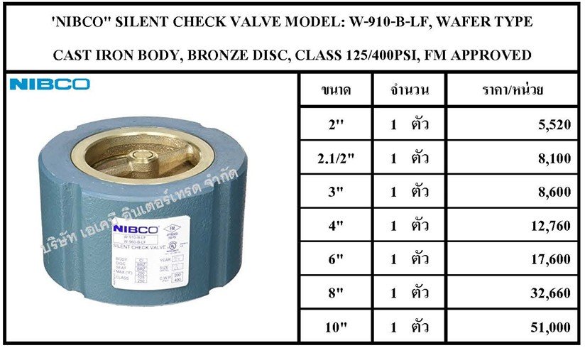 ''NIBCO'' SILENT CHECK VALVE MODEL: W-910-B-LF, WAFER TYPE มีสินค้า