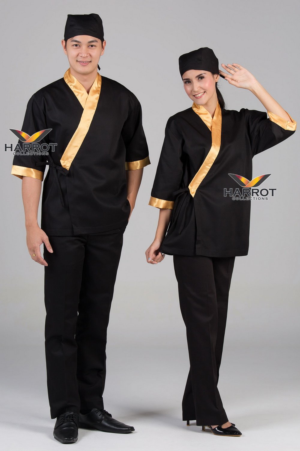 Gold piping black Japanese Chef Jacket - harrot