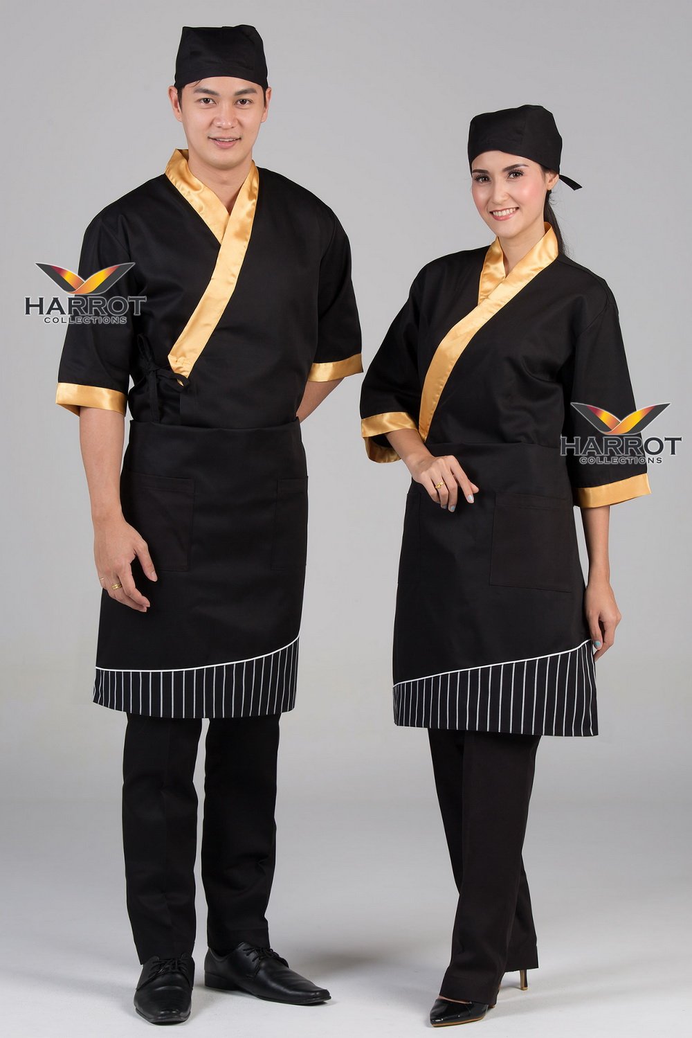 Gold piping black Japanese Chef Jacket - harrot