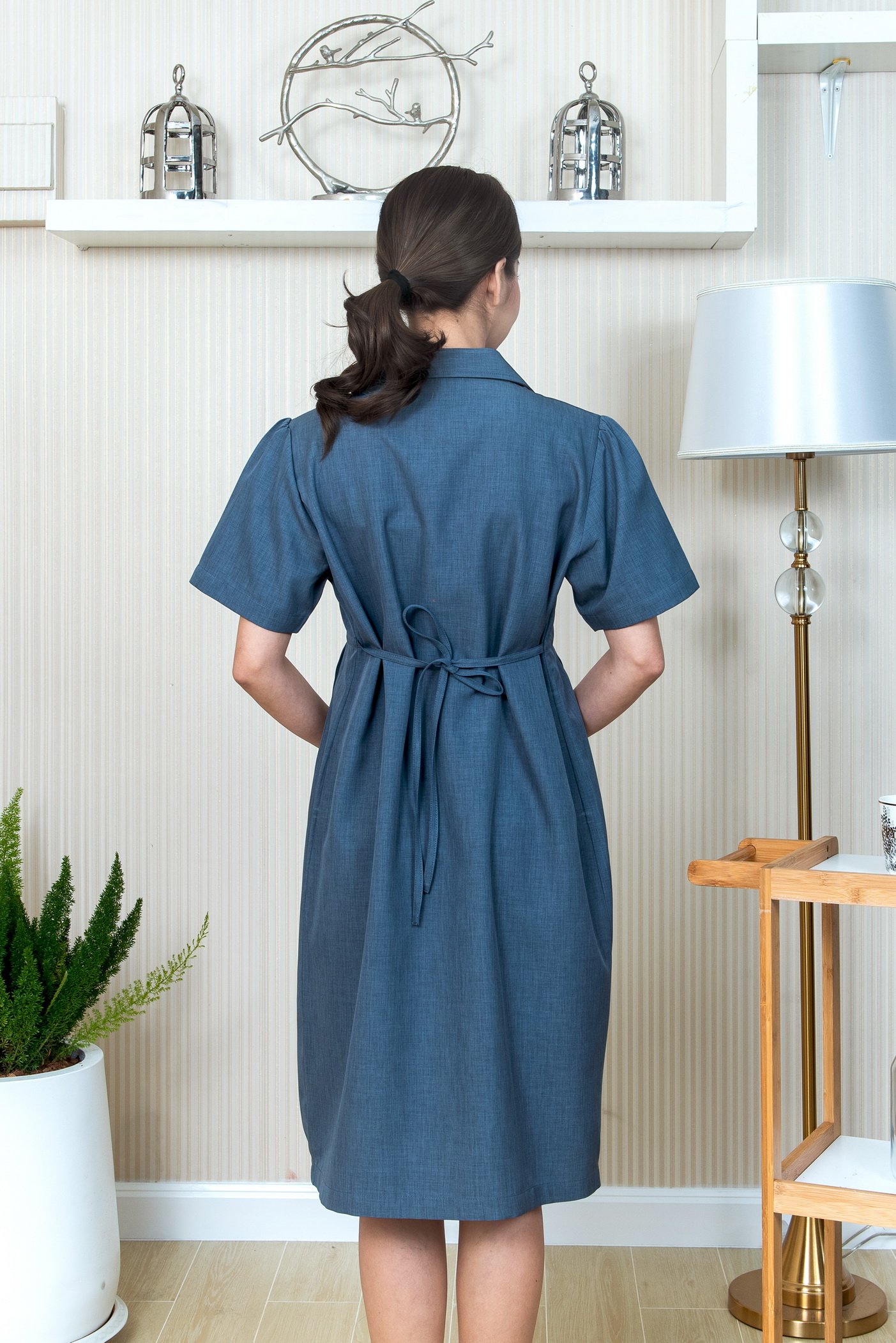 ชุดคลุมท้อง ชุดเดรสคลุมท้อง แขนเสื้อจับจีบ สีกรม (MCC0005) - harrot