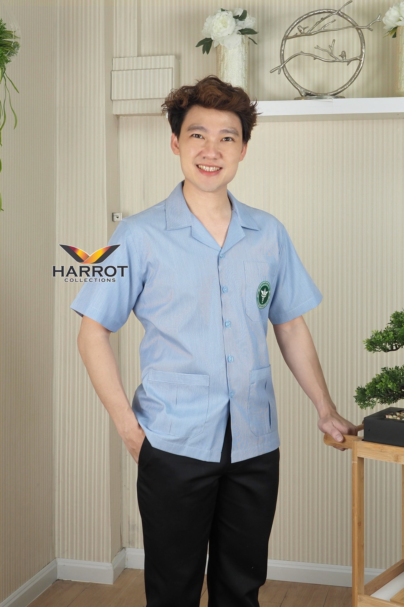 เสื้อสาธารณสุข ลายริ้วฟ้าขาว (MHP0007) - harrot