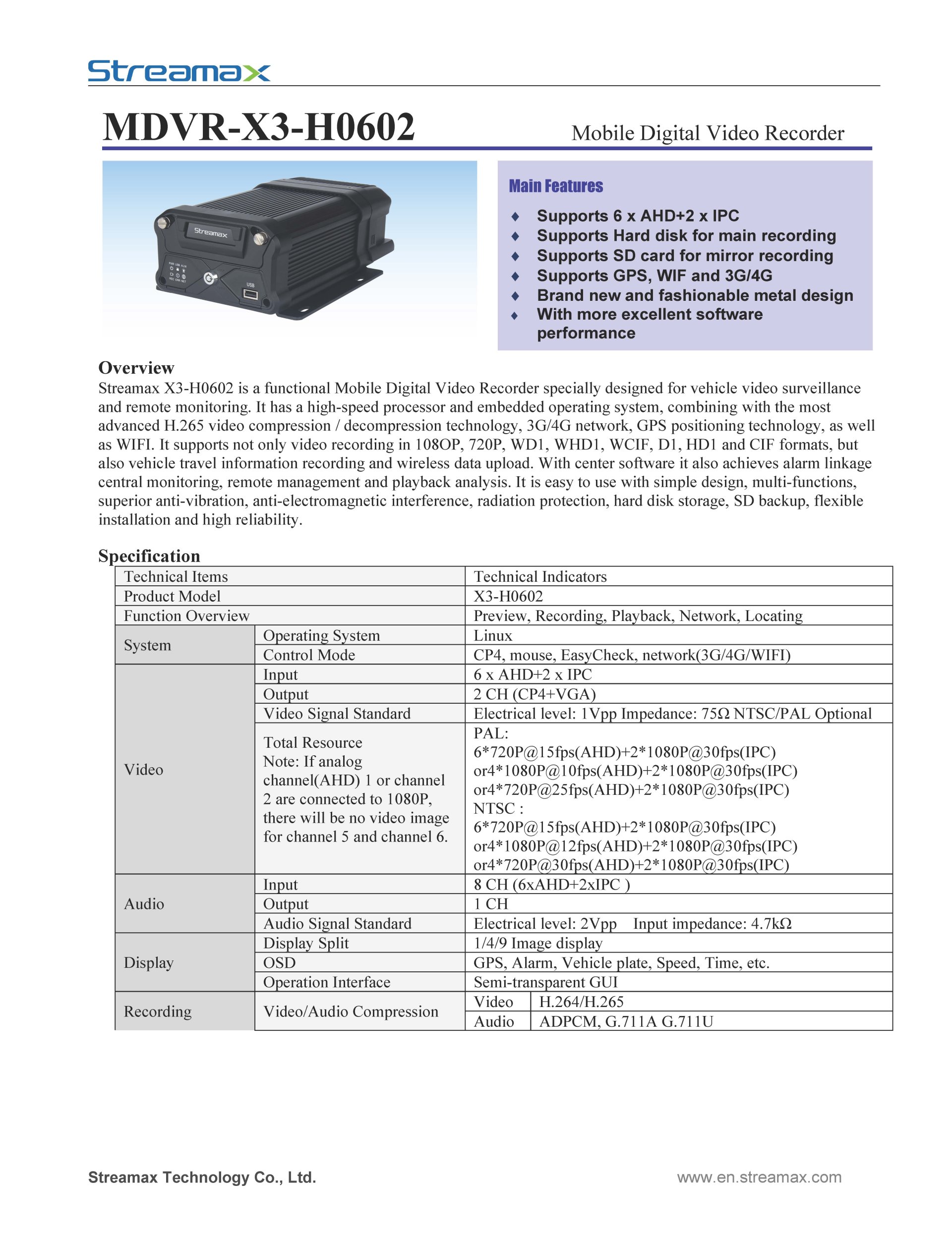MDVR-X3-H0602-4G-HDD Streamax Mobile DVR - aimgroup