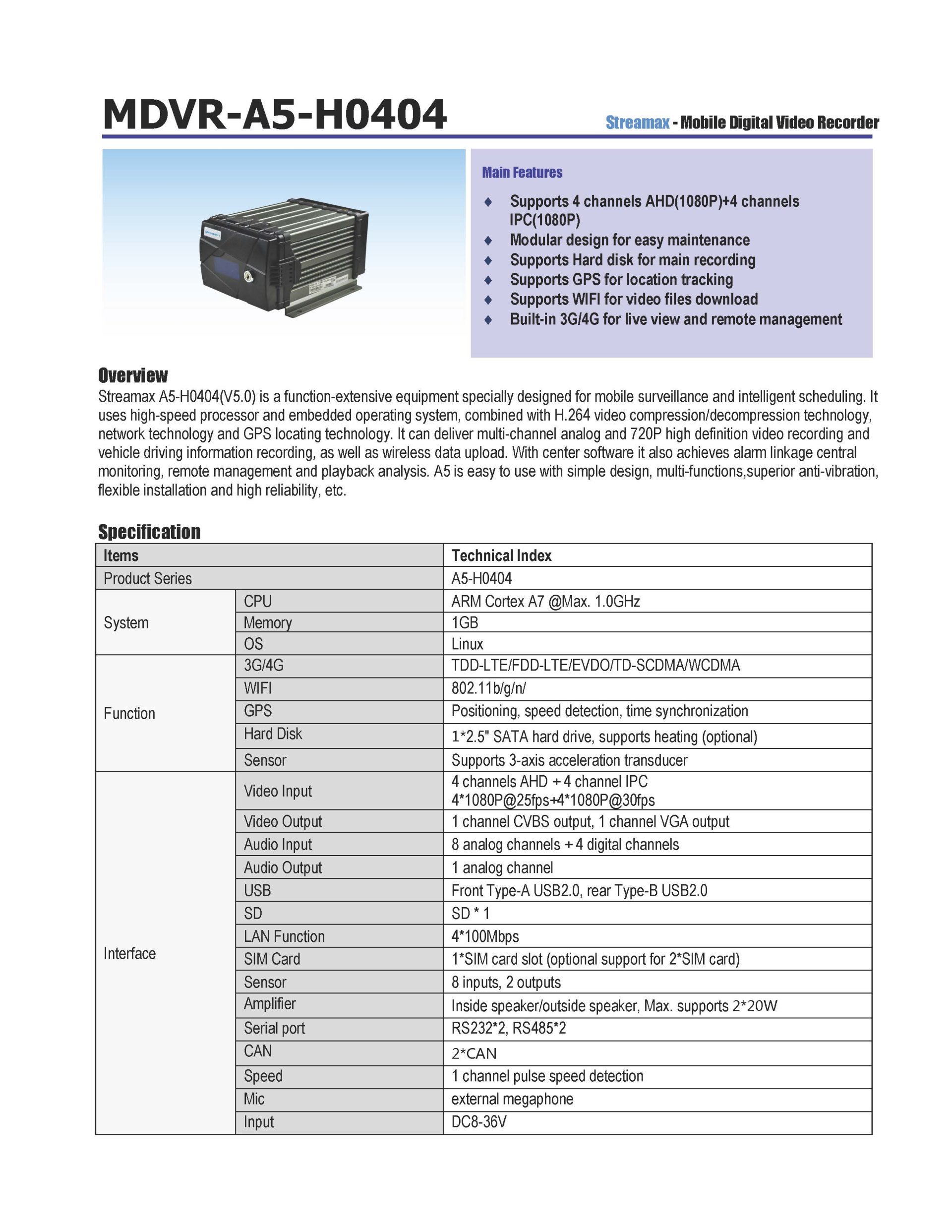 MDVR A5-H0404-4G-HDD Streamax Mobile DVR - aimgroup