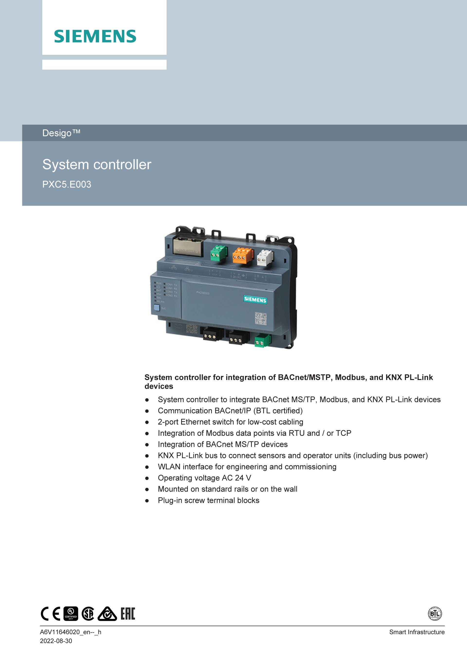 PXC5.E003 System controller for integration of BACnet/MSTP - aimgroup
