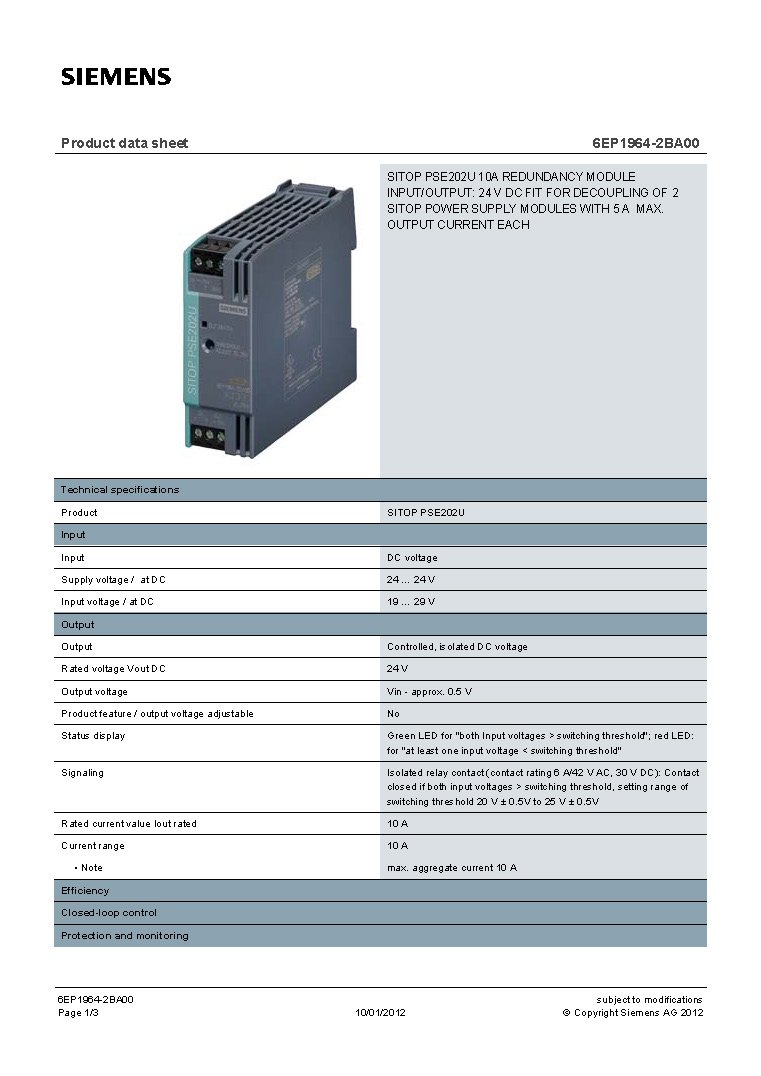 6EP1964-2BA00 SITOP PSE202U 10A Redundancy - aimgroup